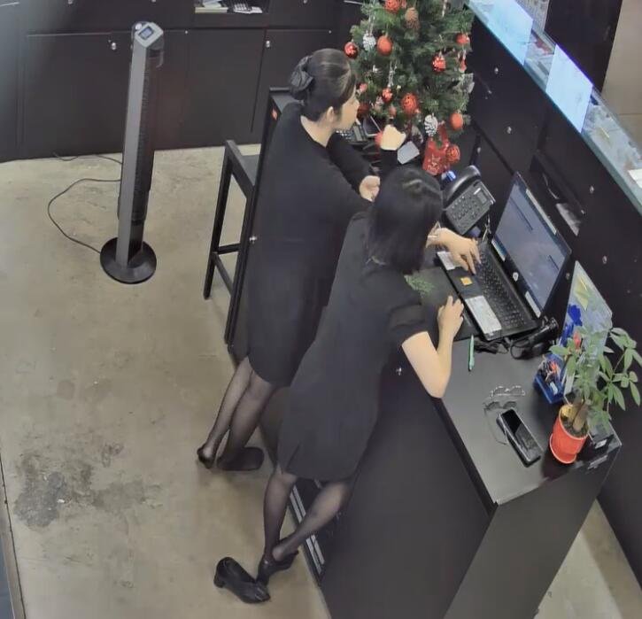 The jewelry store hostess in black nylon show us her cute feet! 266